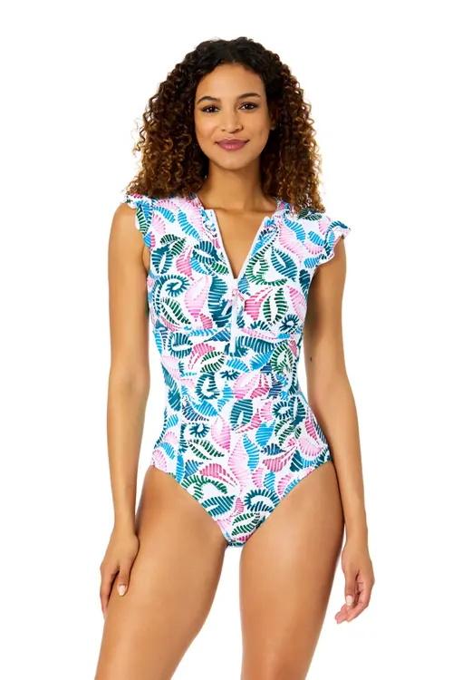 ANNE COLE Printed Flutter Sleeve Zip Up Rash Guard One Piece Swimsuit - Corallo Paisley