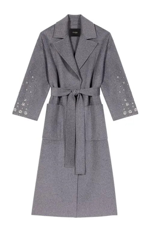Maje Long Double-faced Rhinestone Coat - Grey