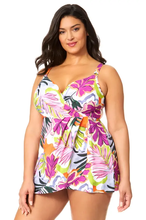 ANNE COLE PLUS Tropical Swim Dress With Skirted Bottom - Mod Tropical