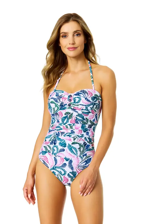 ANNE COLE Snap Front Bandeau One Piece Swimsuit - Corallo Paisley