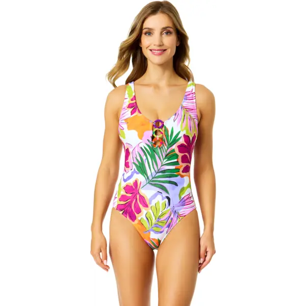 ANNE COLE V-neck Ring Front One-piece Swimsuit - Mod Tropical