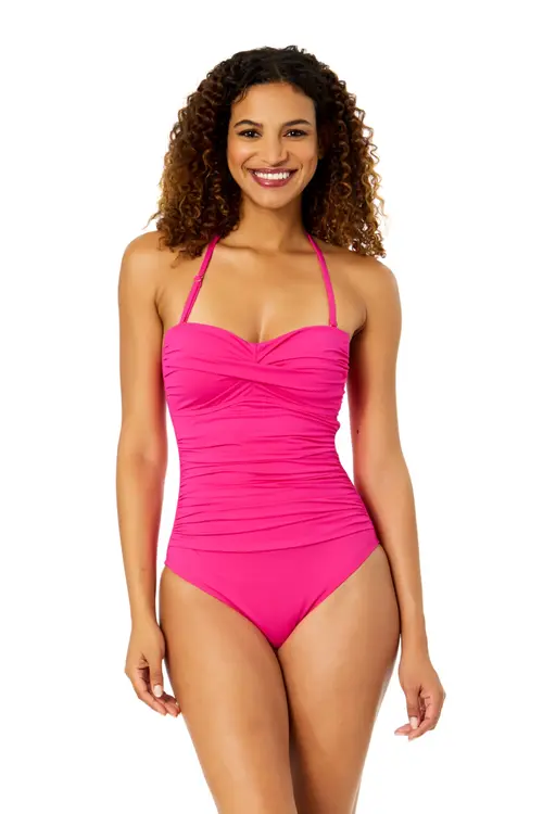 ANNE COLE Solid Twist Front Shirred One Piece Swimsuit - Orchid