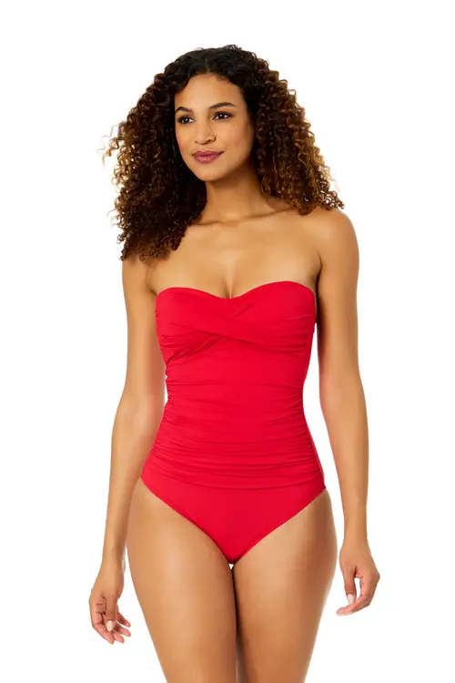 ANNE COLE Solid Twist Front Shirred One Piece Swimsuit - Ruby Red