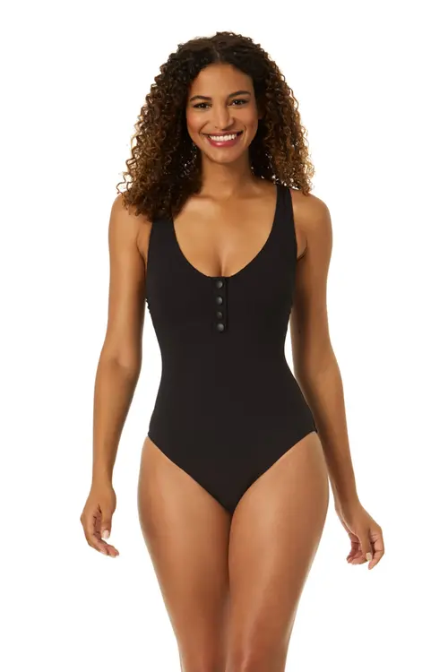 ANNE COLE Luna Snap Solid Scoop Neck Halter One Piece Swimsuit - Luna Snap Black