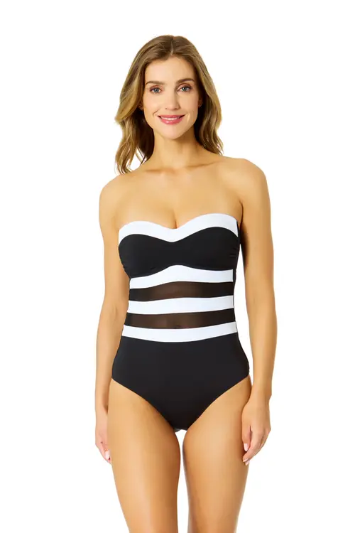 ANNE COLE Strapless Colorblock Mesh One-piece Swimsuit - Gabor Mesh