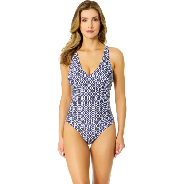 ANNE COLE Printed V-neck Cross Back One Piece Swimsuit - Azzurra Geo