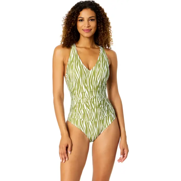 ANNE COLE Printed V-neck Cross Back One Piece Swimsuit - Sierra Woodblock