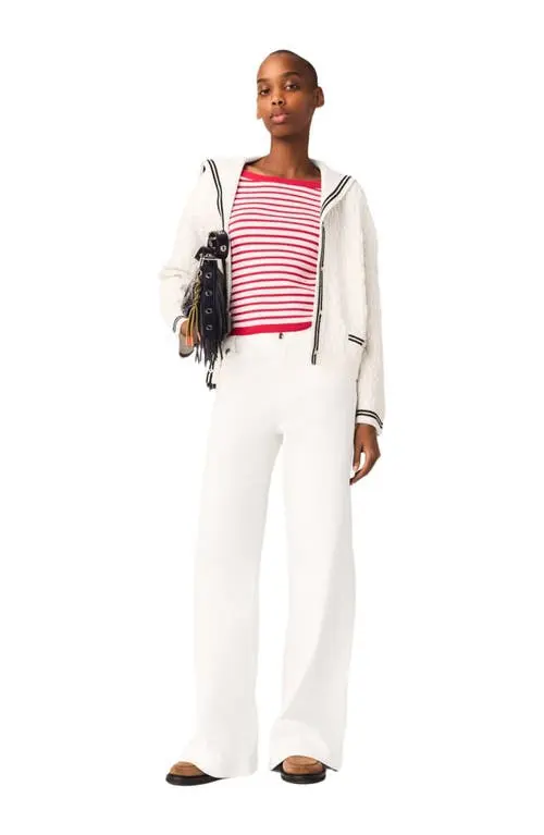 Maje Cable-knit Cardigan With Striped Sailor Collar - Ecru