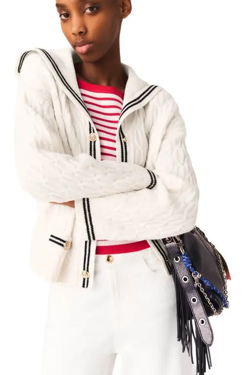 Maje Cable-knit Cardigan With Striped Sailor Collar - Ecru
