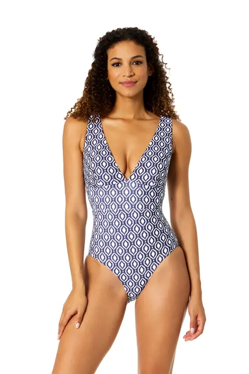 ANNE COLE Plunge Front One Piece Swimsuit - Azzurra Geo