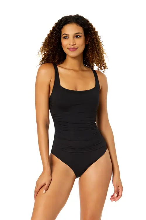 ANNE COLE Solid Shirred One Piece Swimsuit - Black