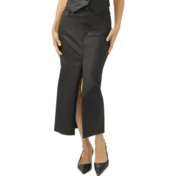 SILVER JEANS CO. Midi Denim Skirt With Front Slit - Black