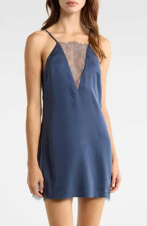 Lunya Lace Plunge Washable Silk Chemise - Deep Blue