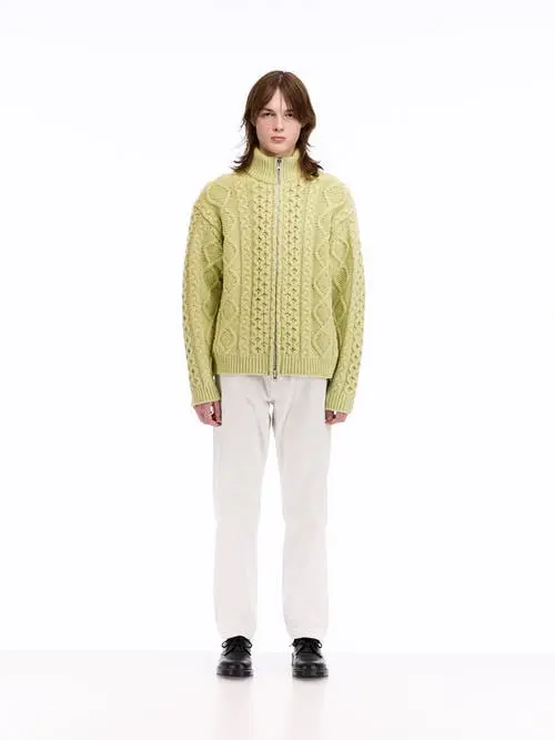 VOWELS Cable Knit Zip-up - Faded Lime