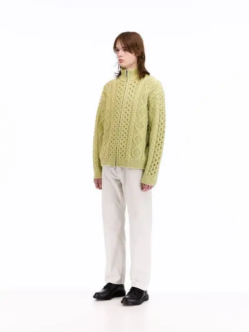 VOWELS Cable Knit Zip-up - Faded Lime
