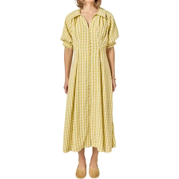 English Factory Gingham Seersucker Shirtdress With Puff Sleeves - Pistachio