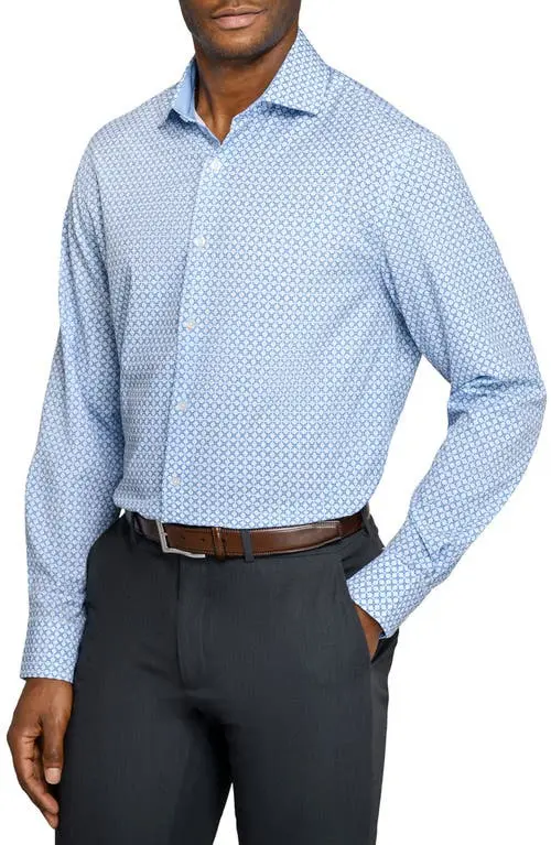 W.R.K Slim Fit Blue Geometric Print Performance Dress Shirt - White/blue