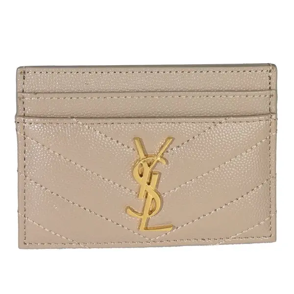 Saint Laurent Dark Grain De Poudre Matelasse Cassandre Card Case - Beige