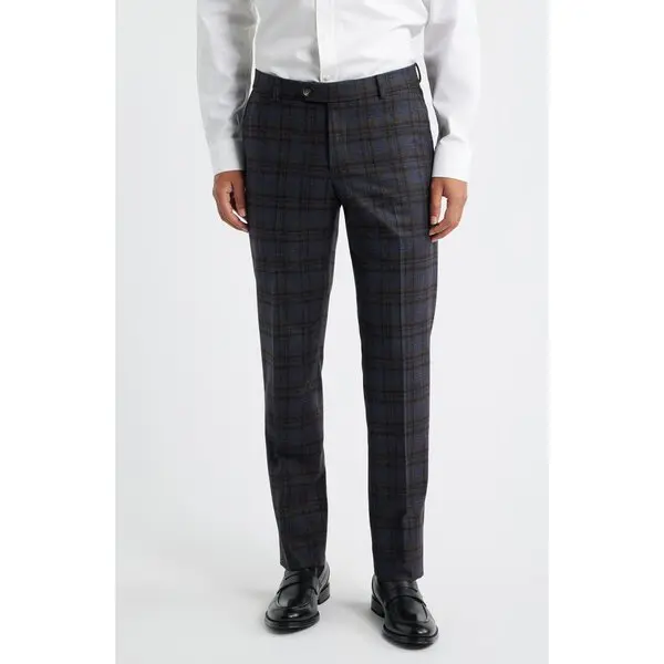 Berle Plaid Wool Blend Dress Pants - Brown