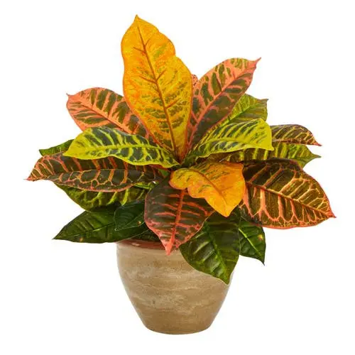 NEARLY NATURAL 15-in Garden Croton Artificial Plant In Ceramic Planter - Orange
