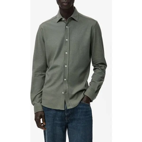 Mango Slim Fit Cotton Piqué Button-up Shirt - Green