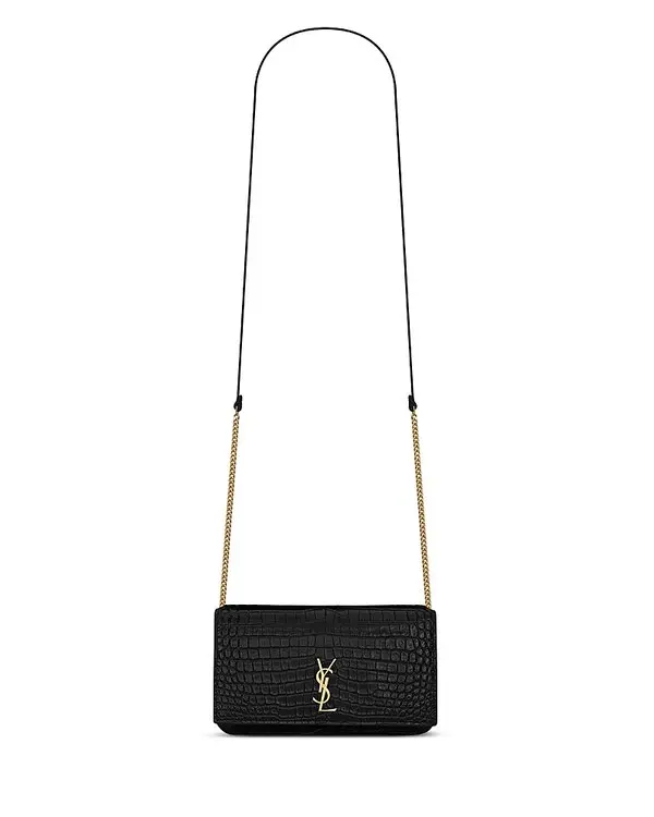 Saint Laurent Cassandre Phone Holder In Shiny Crocodile-embossed Leather - Black