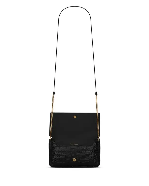 Saint Laurent Cassandre Phone Holder In Shiny Crocodile-embossed Leather - Black