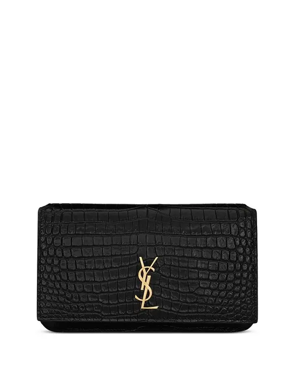 Saint Laurent Cassandre Phone Holder In Shiny Crocodile-embossed Leather - Black