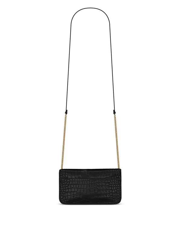 Saint Laurent Cassandre Phone Holder In Shiny Crocodile-embossed Leather - Black