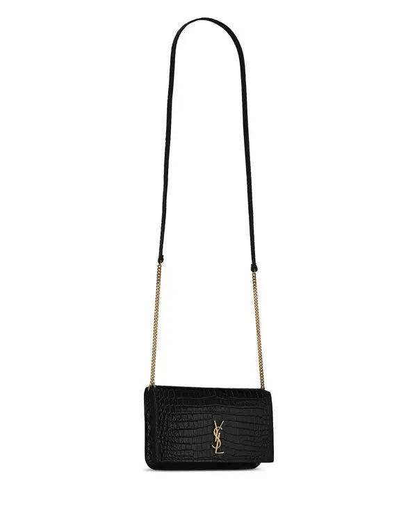 Saint Laurent Cassandre Phone Holder In Shiny Crocodile-embossed Leather - Black