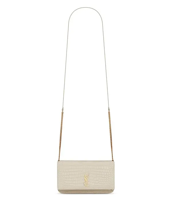 Saint Laurent Cassandre Phone Holder In Shiny Crocodile-embossed Leather - Blanc Vintage