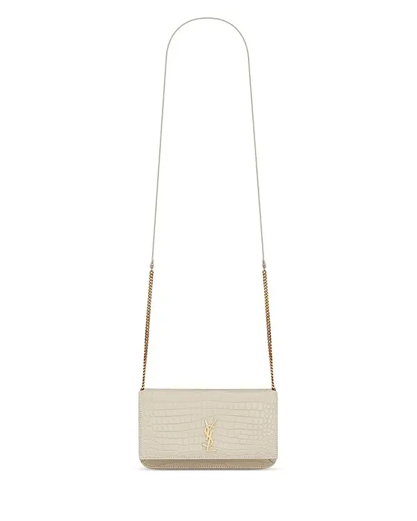 Saint Laurent Cassandre Phone Holder In Shiny Crocodile-embossed Leather - Blanc Vintage