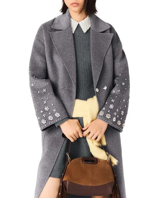 Maje Rhinestone Embellished Double Faced Coat
