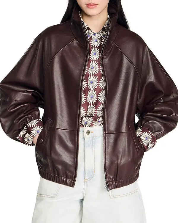 Sandro Oversized Zip Up Leather Jacket - Brown