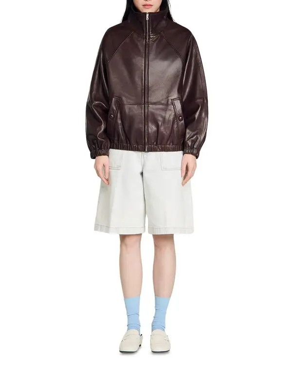 Sandro Oversized Zip Up Leather Jacket - Brown
