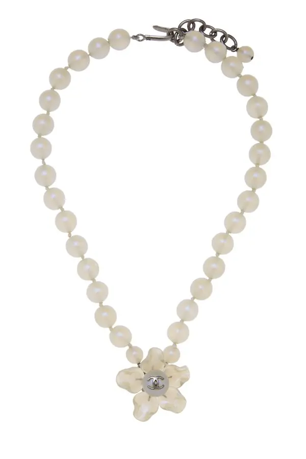 Chanel Faux Pearl Camellia Flower Necklace - White