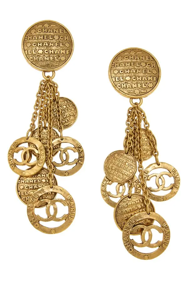 Chanel Cc Medallion Dangle Drop Earrings - Gold
