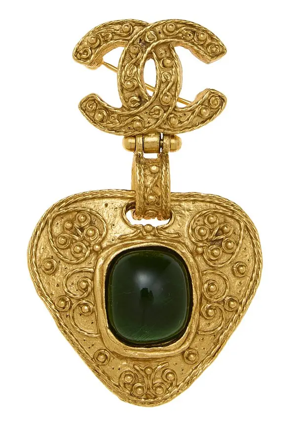 Chanel Gold-tone 'cc' Brooch - Green