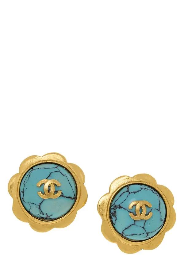 Chanel Gold 'cc' Flower Earrings - Blue