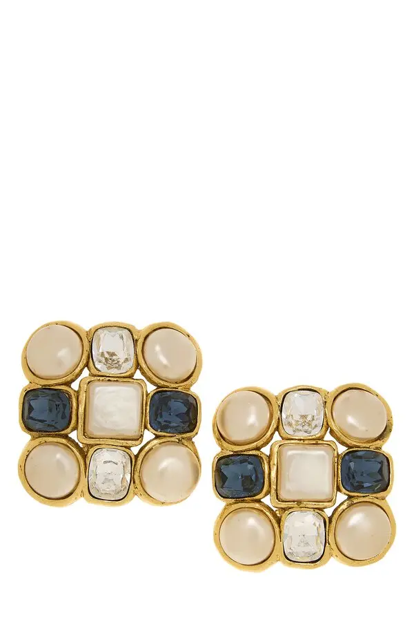 Chanel Crystal And Faux Pearl Accent Earrings - Blue