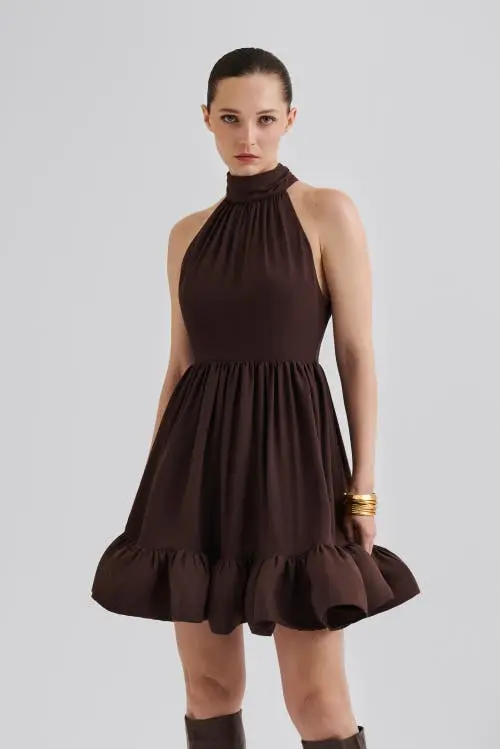 MALINA Halterneck Ruffled Mini Dress - Chocolate