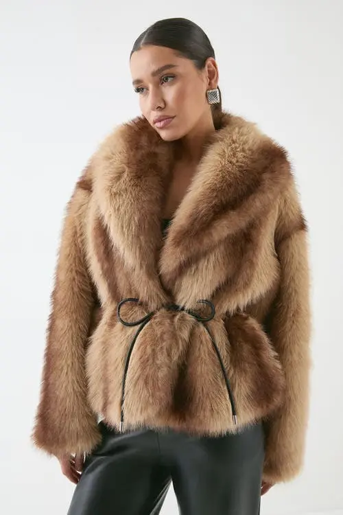 MISSPAP Faux Fur Belted Jacket With Wide Collar - Brown
