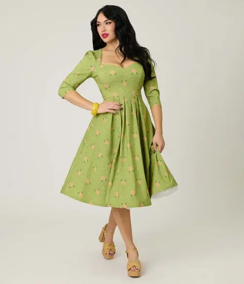 Unique Vintage Sweetheart Swing Dress - Chartreuse & Pink Rose Print