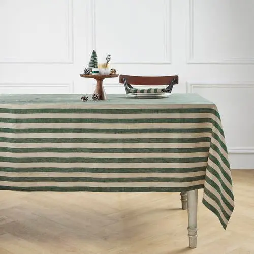 SOLINO HOME Linen Table Throwsorrento Stripe - Hunter Green And Natural