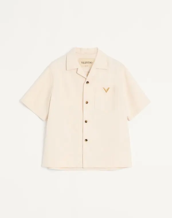 Valentino Garavani Denim Bowling Shirt With Vgold - Ivory