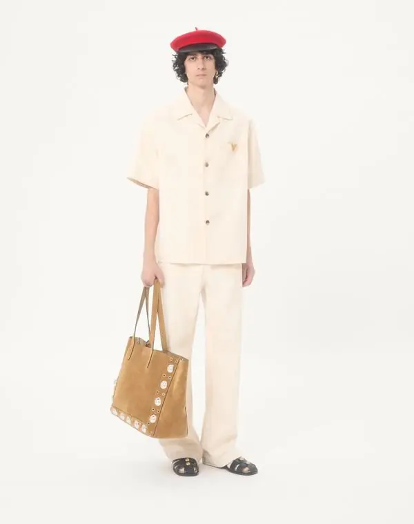 Valentino Garavani Denim Bowling Shirt With Vgold - Ivory
