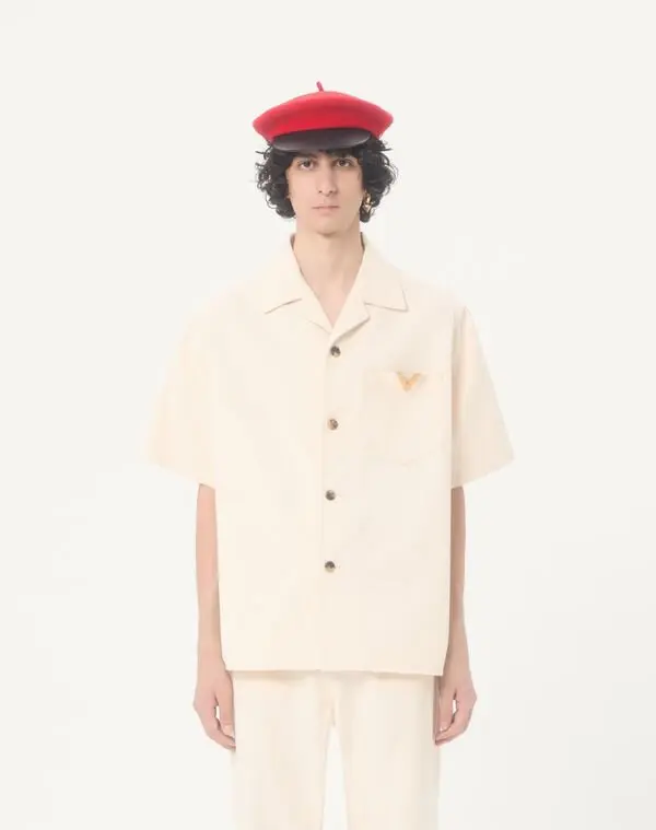 Valentino Garavani Denim Bowling Shirt With Vgold - Ivory