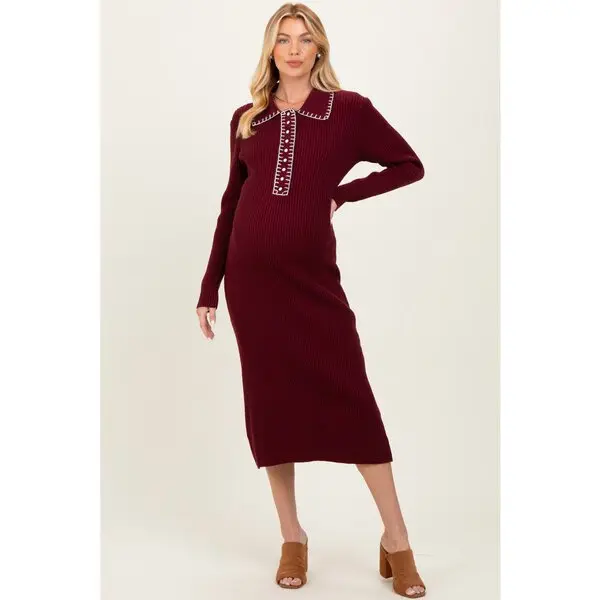 PINKBLUSH Contrast Stitch Maternity Midi Sweater Dress - Burgundy