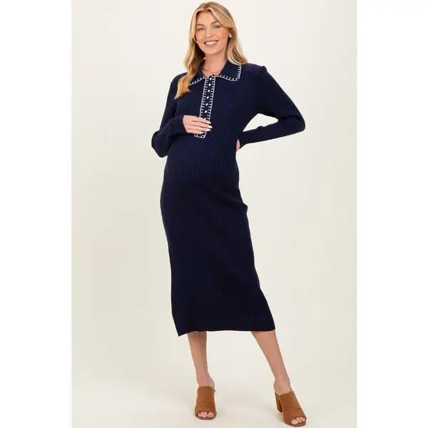 PINKBLUSH Contrast Stitch Maternity Midi Sweater Dress - Navy Blue