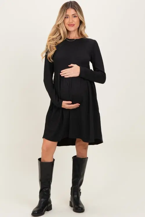 PINKBLUSH Textured Rib Long Sleeve Maternity Dress - Black